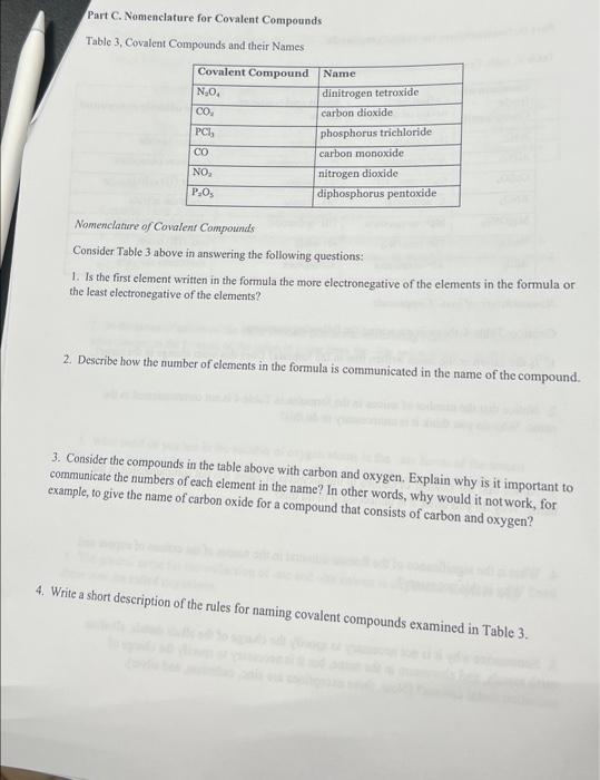 Solved Part C. Nomenclature for Covalent Compounds Table 3, | Chegg.com