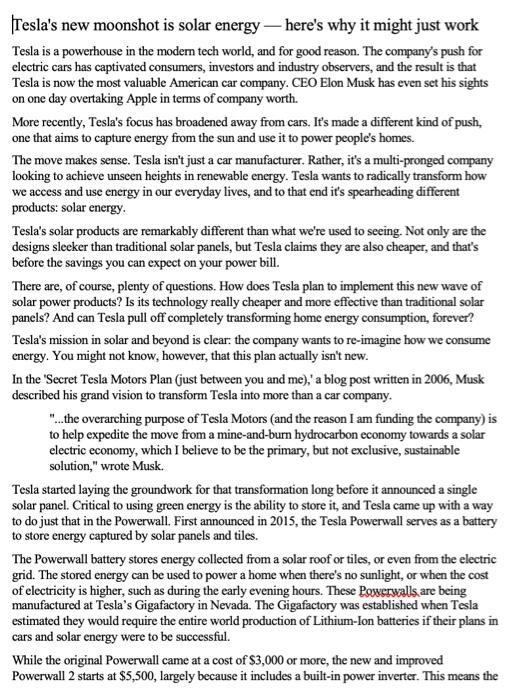 Solved Tesla's new moonshot is solar energy — here's why it | Chegg.com