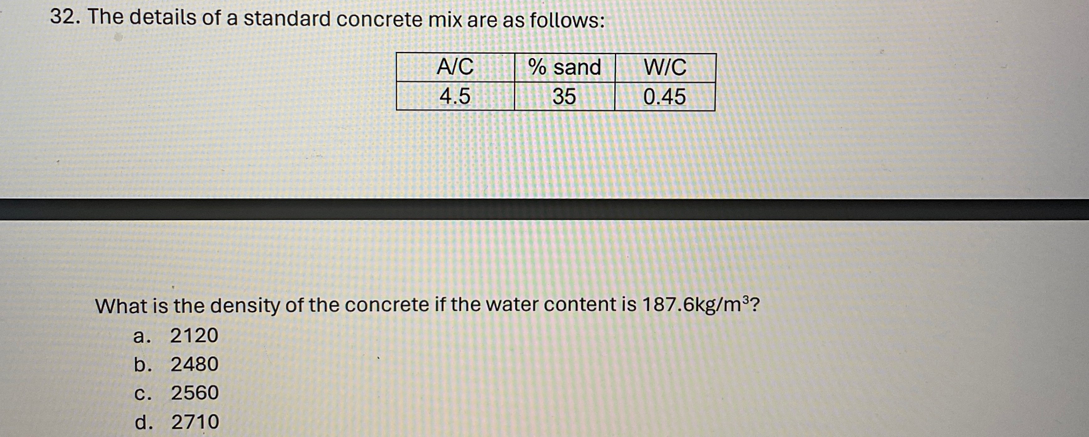 Solved The details of a standard concrete mix are as | Chegg.com
