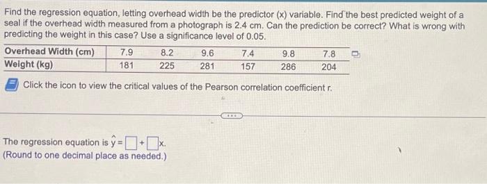 Solved Find the regression equation, letting overhead width | Chegg.com