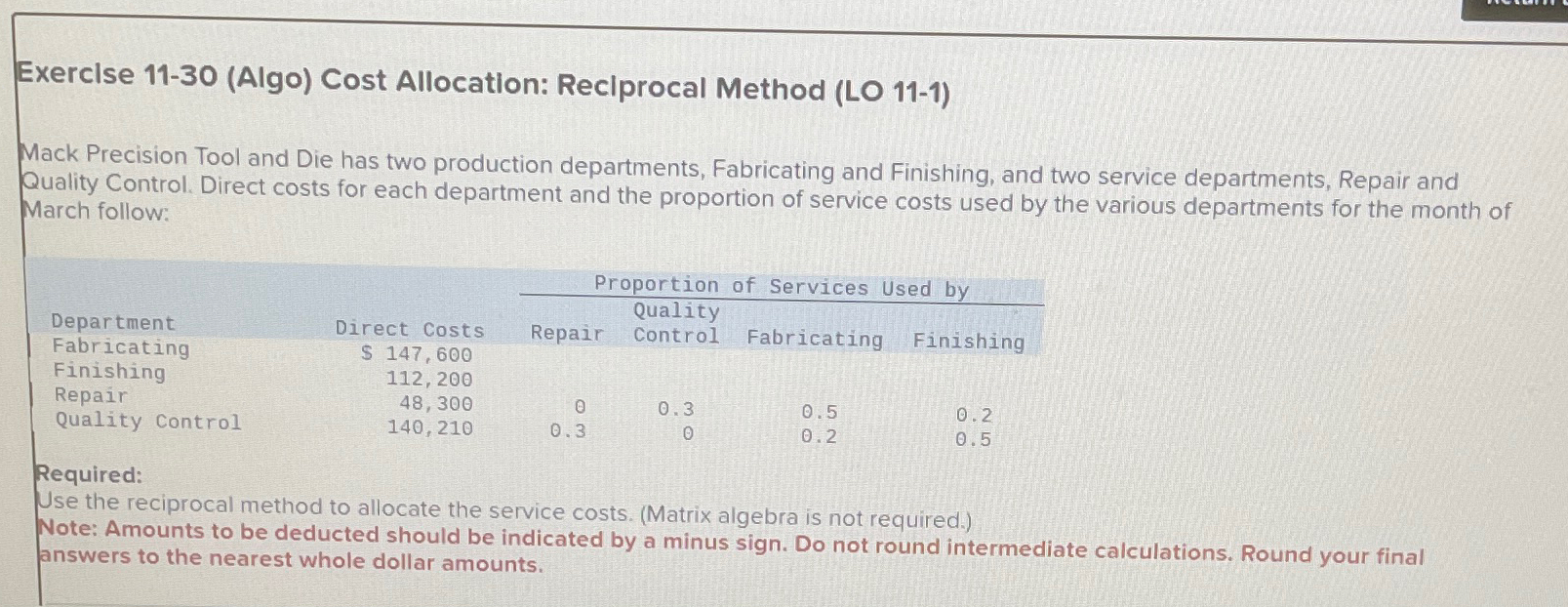 Solved Exerclse 11-30 (Algo) ﻿Cost Allocation: Reclprocal | Chegg.com
