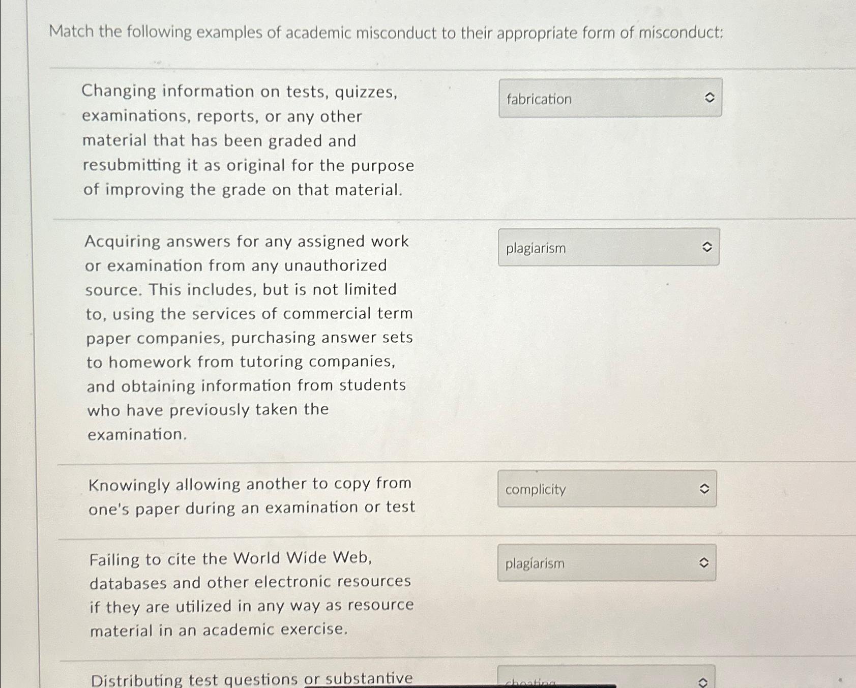 Solved Match the following examples of academic misconduct | Chegg.com