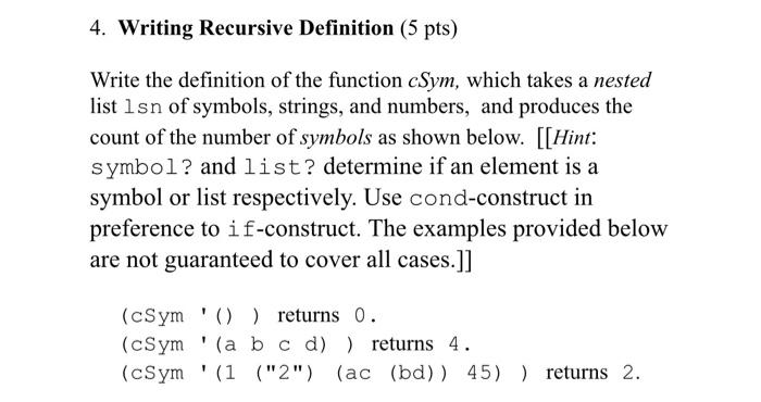 Solved 4. Writing Recursive Definition (5 pts) Write the | Chegg.com