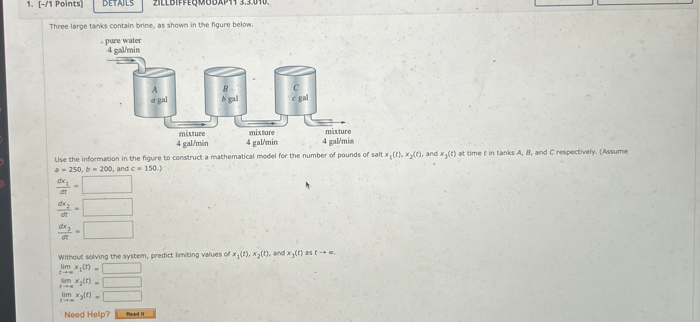 Solved [-/1 ﻿Points]Three large tanks contain brine, as | Chegg.com