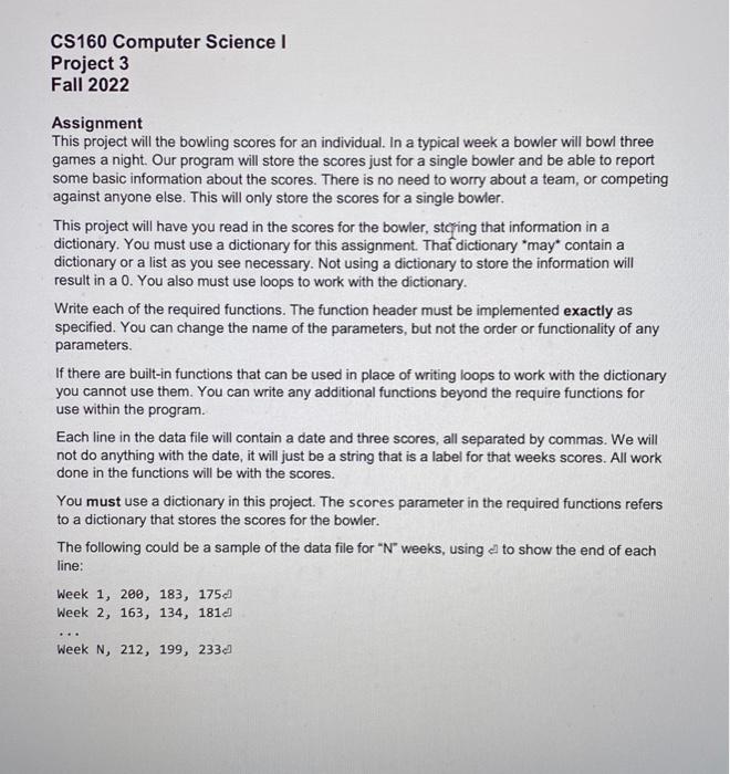 Solved Fall 2022 Assignment This project will the bowling | Chegg.com