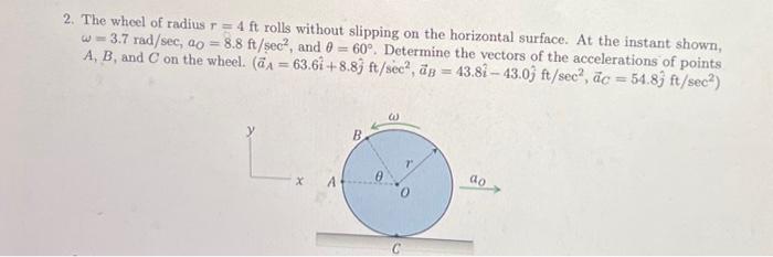 Solved 2. The wheel of radius r=4ft rolls without slipping | Chegg.com