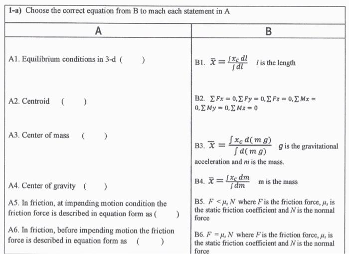 Solved 1-a) Choose the correct equation from B to mach each | Chegg.com