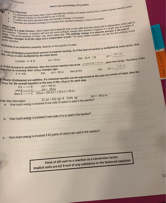 Solved Worksheets Hess's Law and Enthalpy of Formation ning | Chegg.com