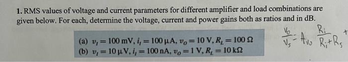 Solved 1. RMS values of voltage and current parameters for | Chegg.com
