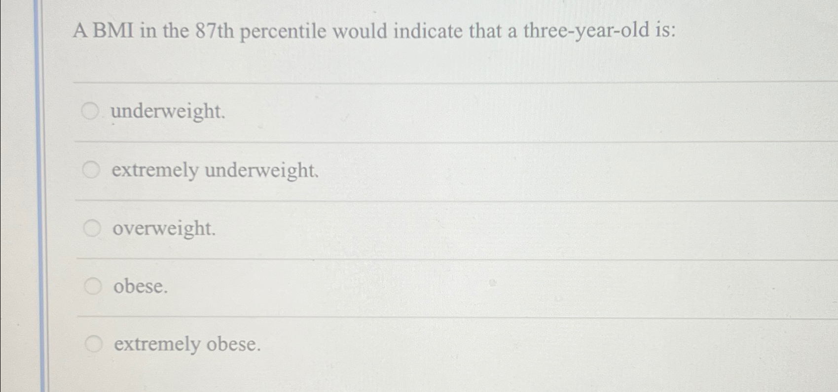 Solved A BMI in the 87th percentile would indicate that a | Chegg.com