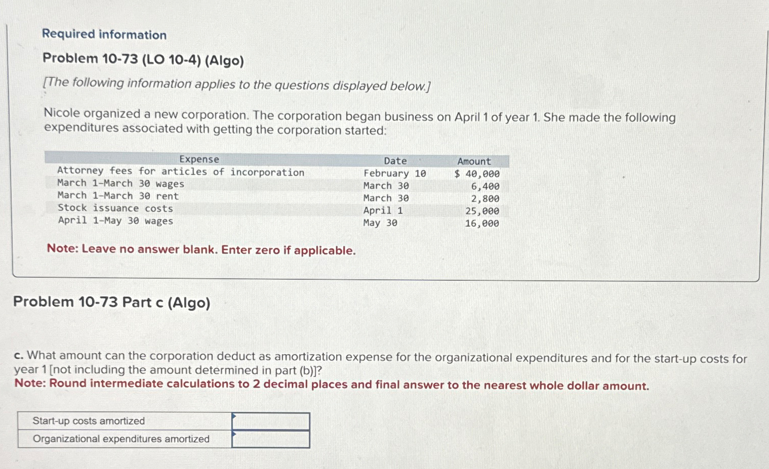 Solved Required informationProblem 10-73 (LO | Chegg.com