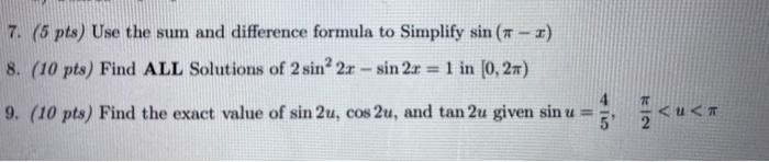Solved 7. (5 pts) Use the sum and difference formula to | Chegg.com