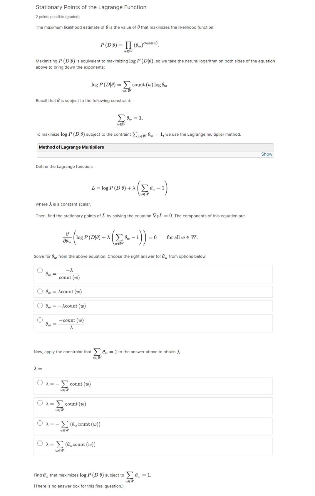 Solved Stationary Points of the Lagrange Function 2 points | Chegg.com