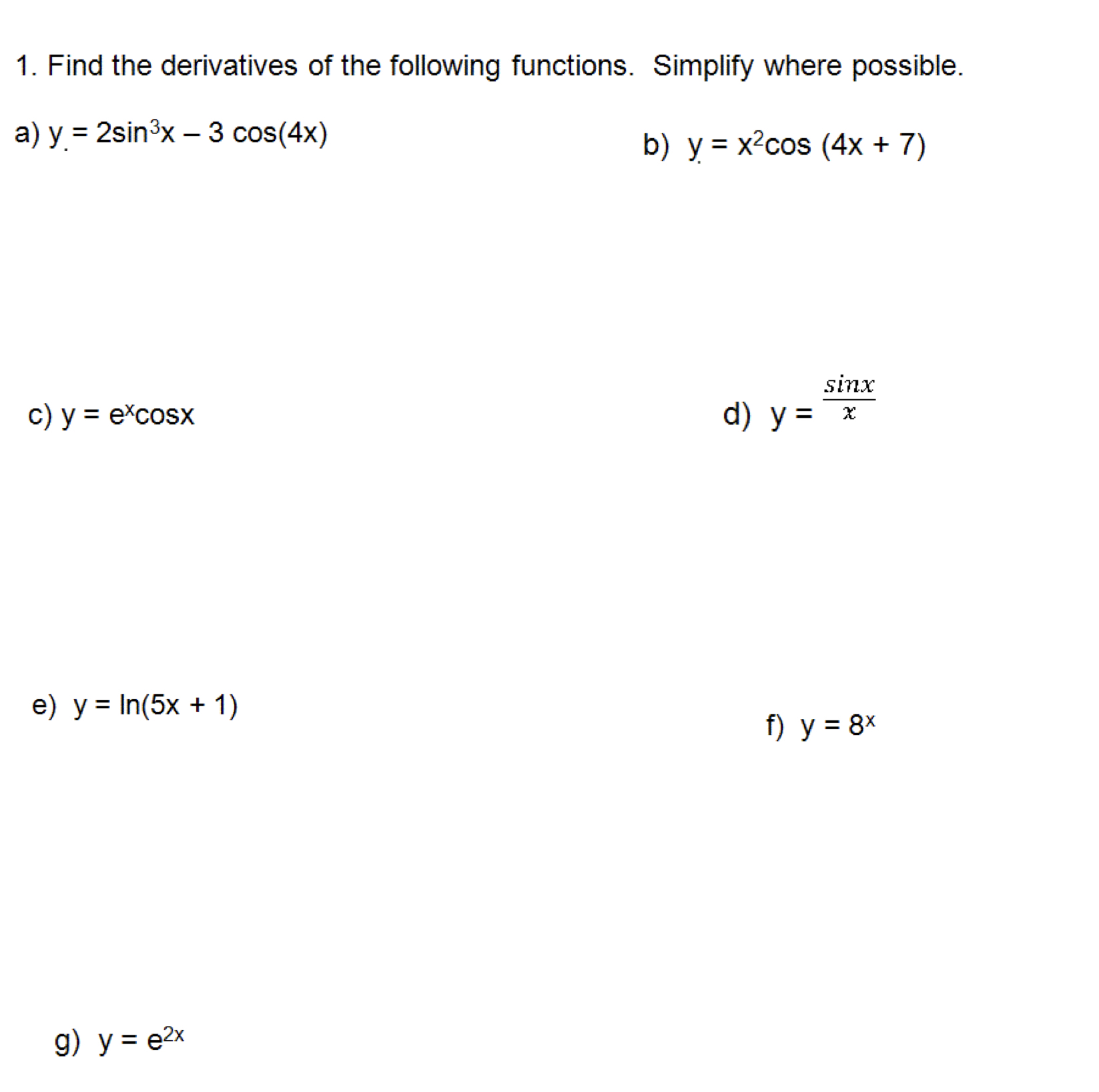 Solved Find the derivatives of the following functions. | Chegg.com