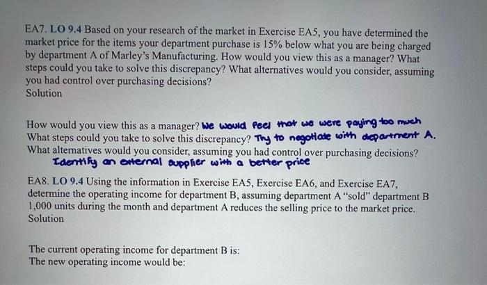 Solved EA8. LO 9.4 Using the information in Exercise EA5, | Chegg.com