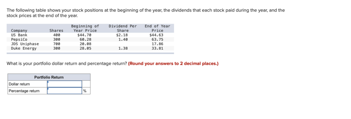 Solved The following table shows your stock positions at the | Chegg.com