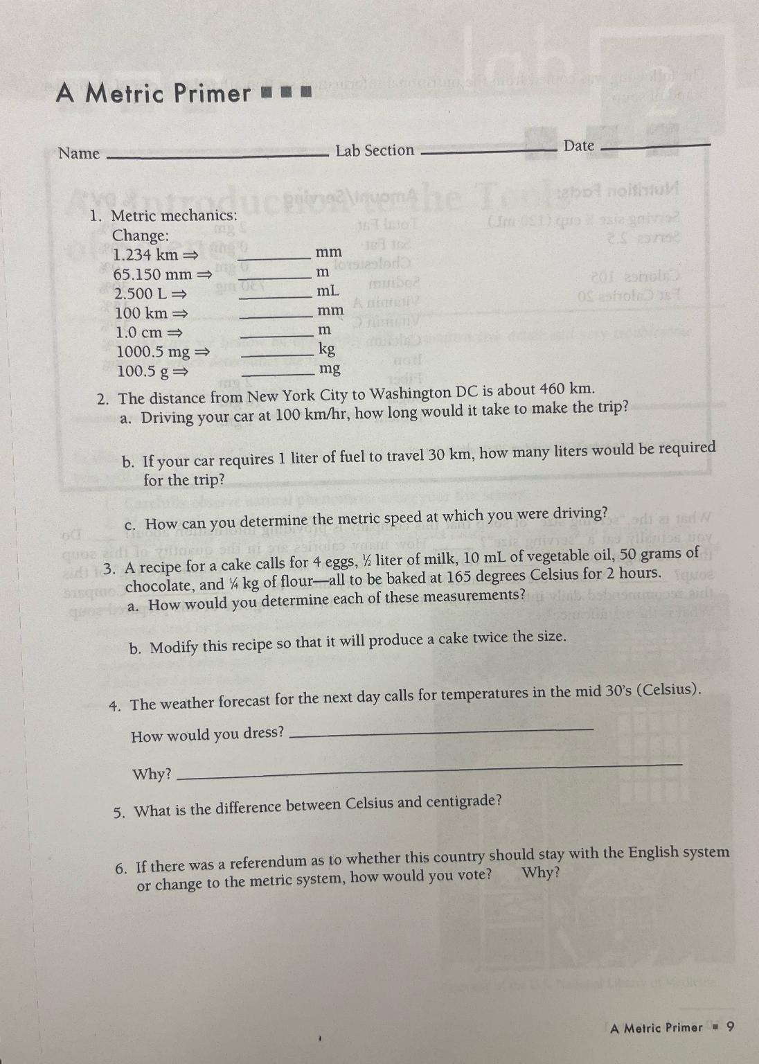Solved A Metric PrimerNameLab SectionDateMetric | Chegg.com