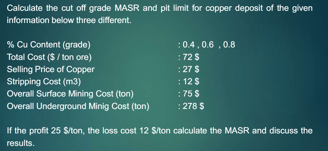 Calculate the cut off grade MASR and pit limit for | Chegg.com