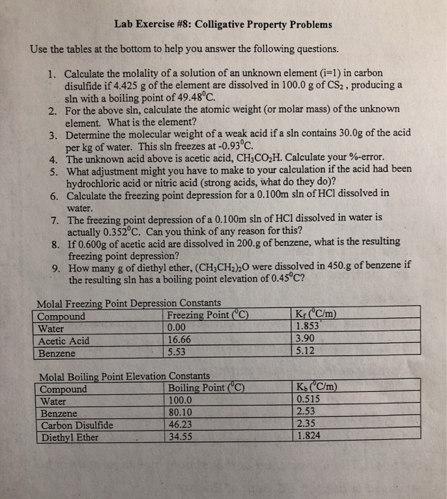 Solved Lab Exercise #8: Colligative Property Problems Use | Chegg.com