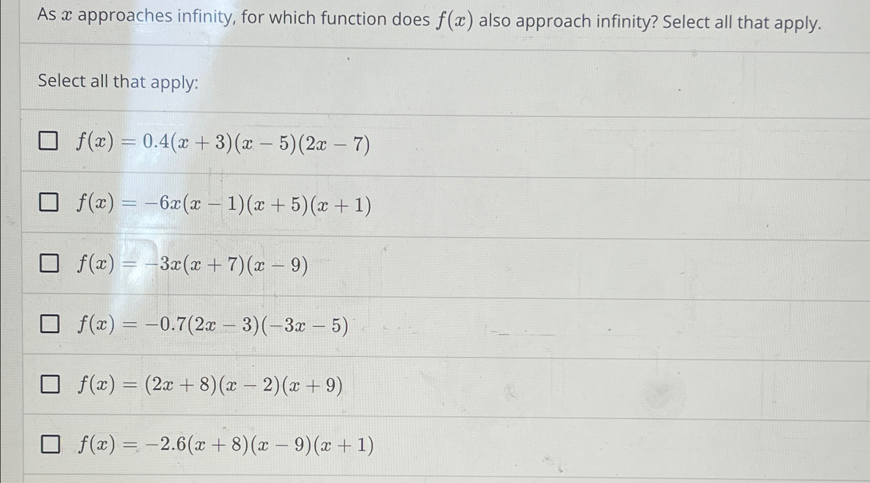 Solved As x ﻿approaches infinity, for which function does | Chegg.com