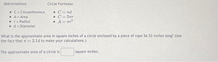 Solved Abbreviations Circle Formulas - C= Circumference C=πd | Chegg.com