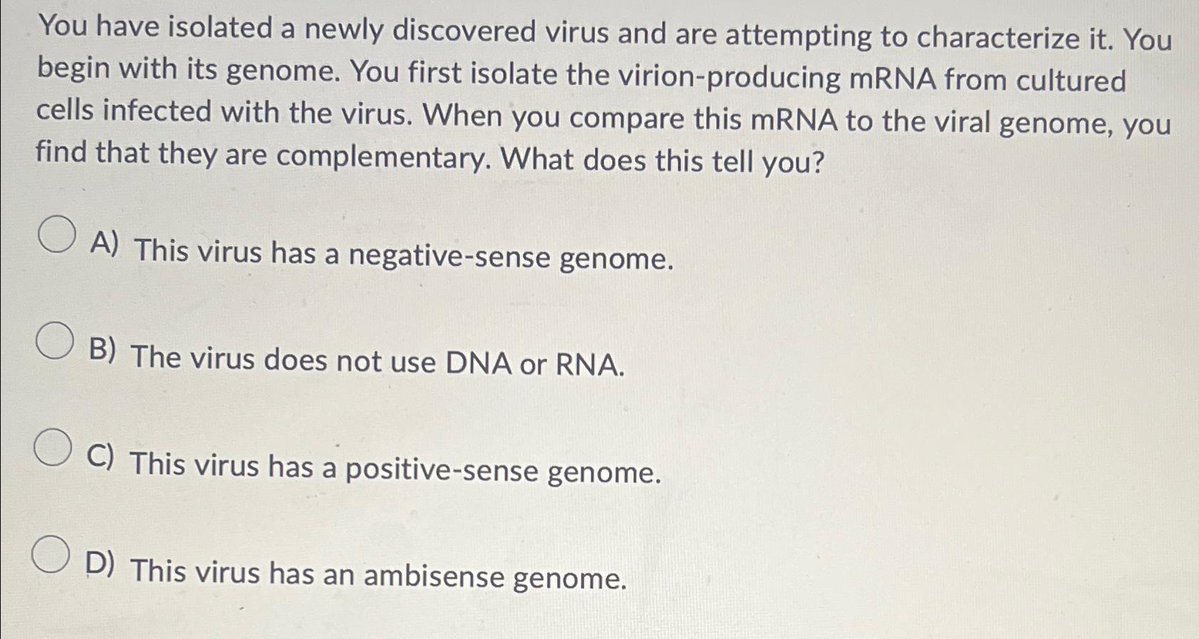 Solved You have isolated a newly discovered virus and are | Chegg.com