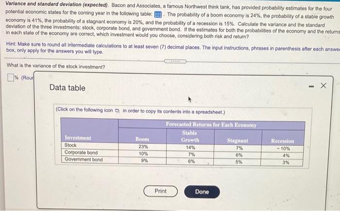 Solved Variance and standard deviation (expected). Bacon and | Chegg.com