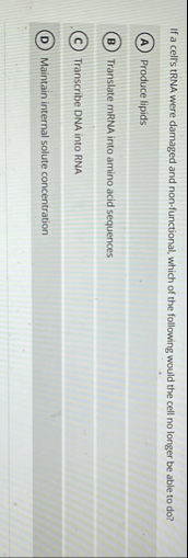 Solved If a cell's tRNA were damaged and non-functional, | Chegg.com