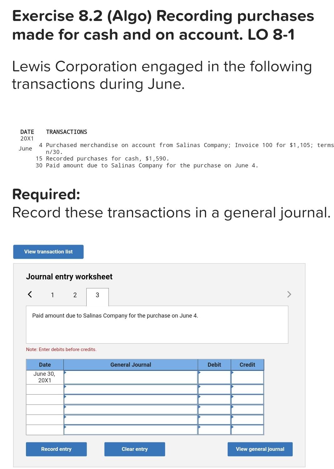Solved Exercise 8.2 (Algo) Recording purchases made for cash | Chegg.com