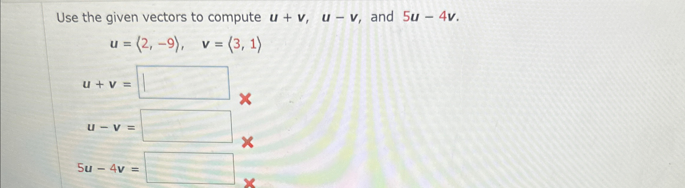 Solved Use the given vectors to compute u+v,u-v, ﻿and | Chegg.com