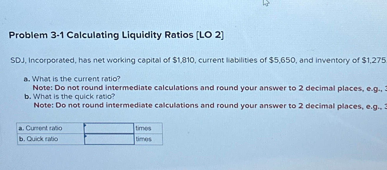 Solved Problem 3-1 ﻿Calculating Liquidity Ratios [LO 2]SDJ, | Chegg.com