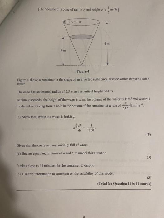 Solved (The volume of a cone of radius r and height his | Chegg.com