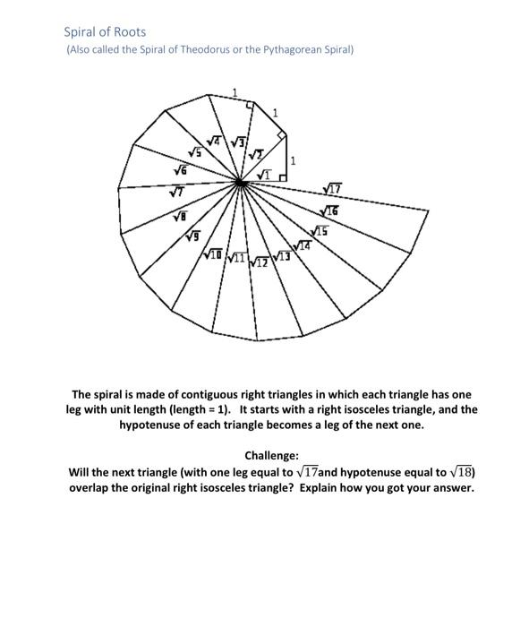 Solved Spiral of Roots (Also called the Spiral of Theodorus | Chegg.com