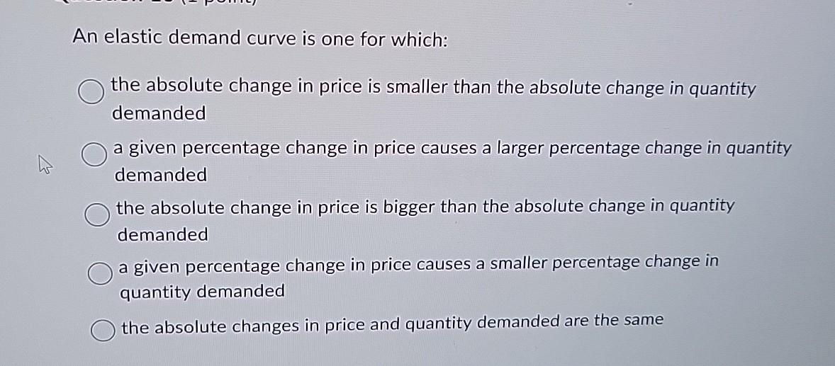 Solved An elastic demand curve is one for which:the absolute | Chegg.com