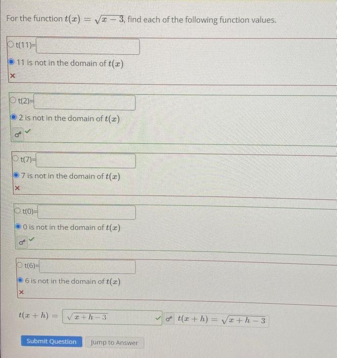 Solved For the function t(x)=x−3, find each of the following | Chegg.com