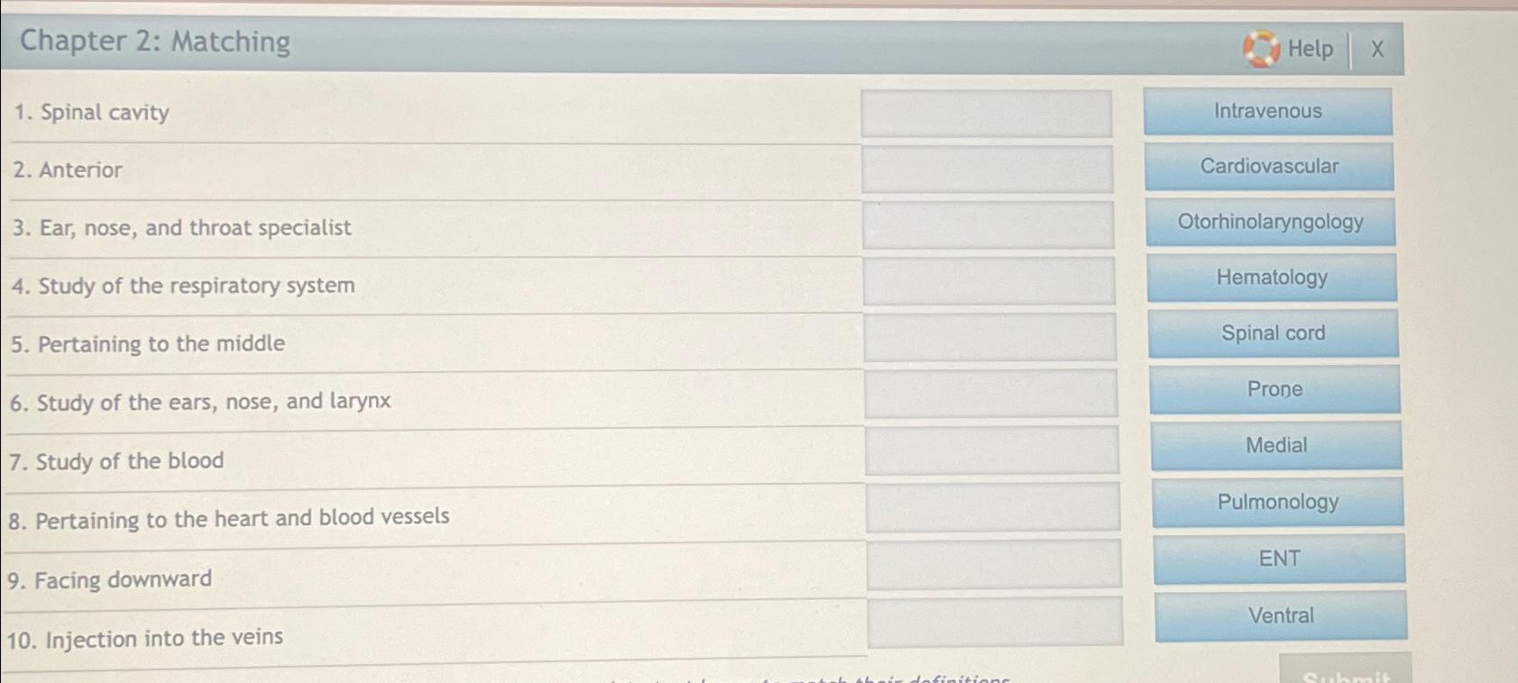 Solved Chapter 2: MatchingHelpSpinal cavityAnteriorEar, | Chegg.com