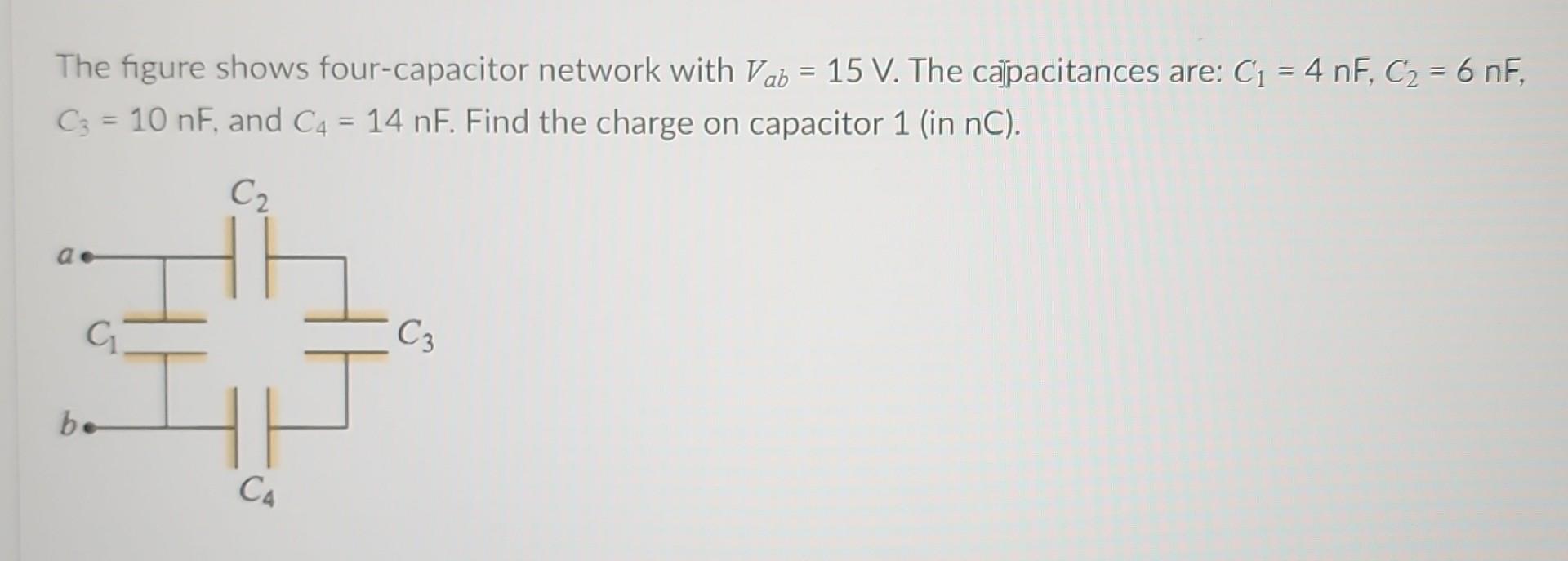 Solved The figure shows four-capacitor network with Vab=15 | Chegg.com