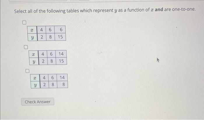 Solved Select all of the following tables which represent y | Chegg.com