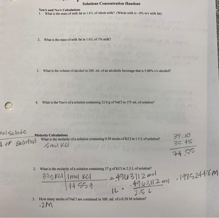 Solved Solutions Concentration Handout %w/v and %v/v | Chegg.com