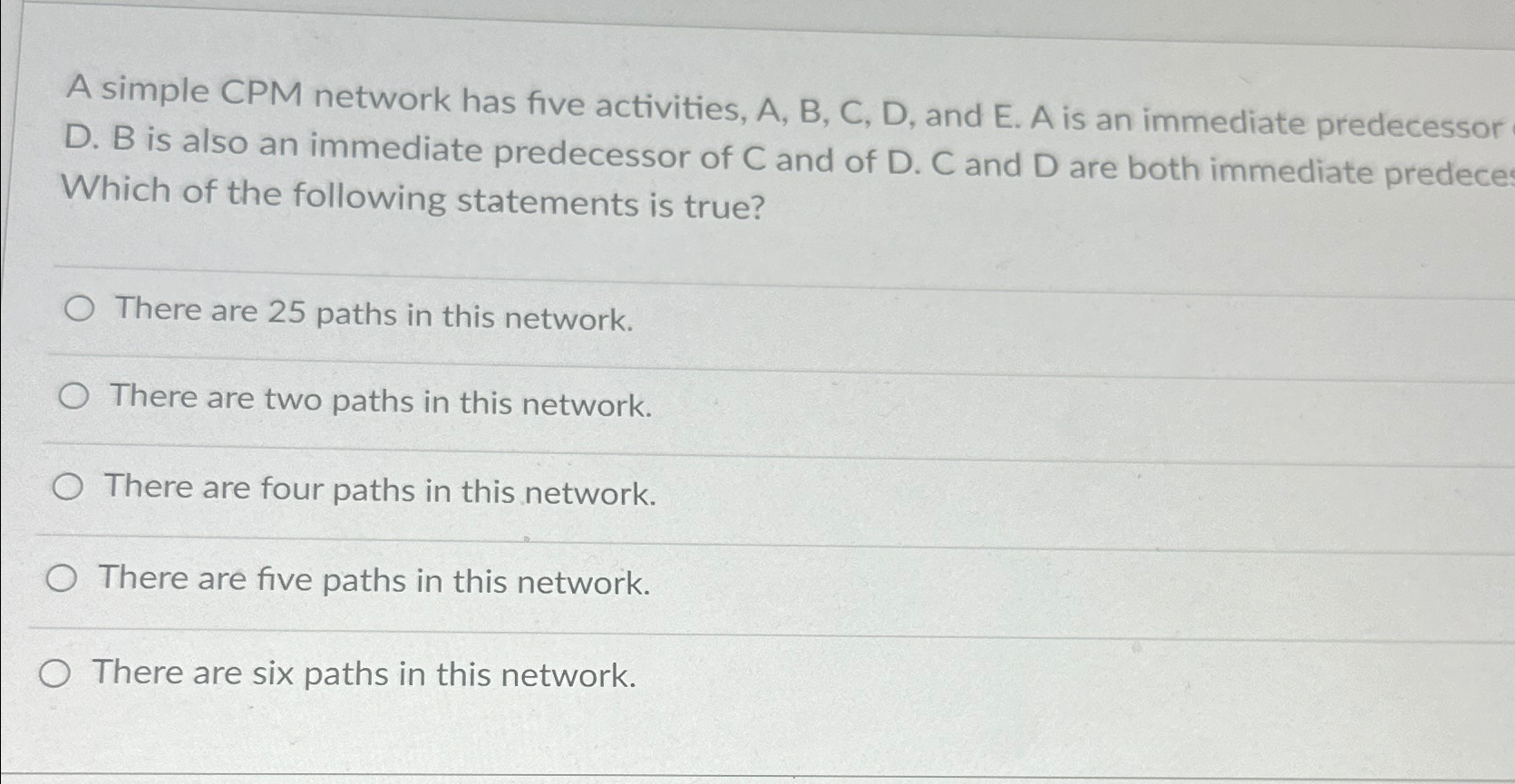 Solved A simple CPM network has five activities, A, ﻿B, ﻿C, | Chegg.com