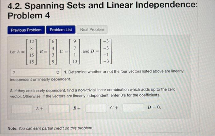 Solved 4.2. Spanning Sets and Linear Independence: Problem 3 | Chegg.com