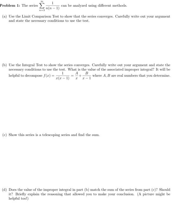 Solved Problem 1: The series ∑n=3∞n(n−1)1 can be analyzed | Chegg.com