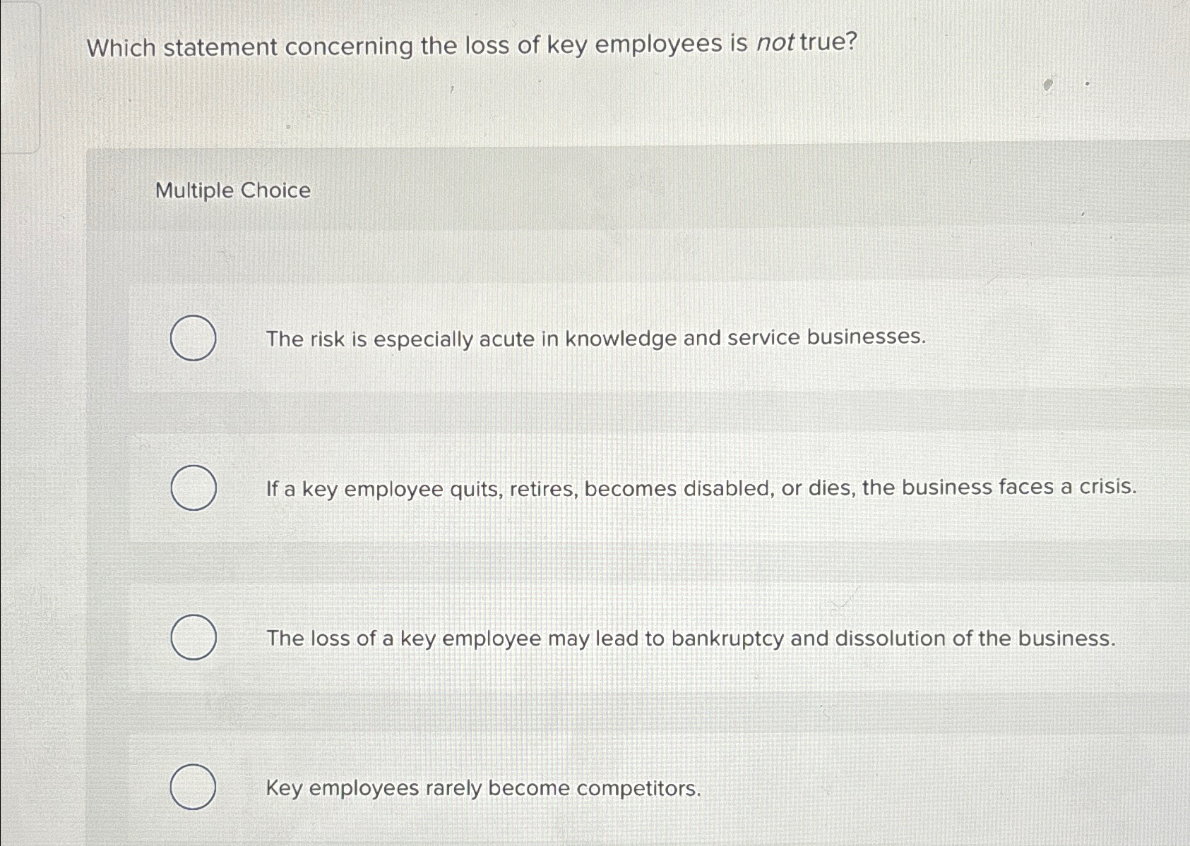 Solved Which statement concerning the loss of key employees | Chegg.com