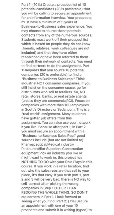 Solved Part 1: (10%) Create a prospect list of 10 potential | Chegg.com