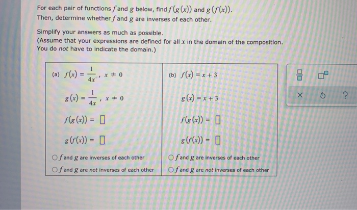 Solved For each pair of functions f and g below, find | Chegg.com