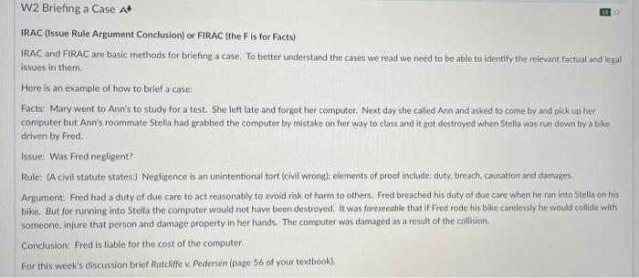 Solved W2 Briefing a Case A+ IRAC (Issue Rule Argument | Chegg.com