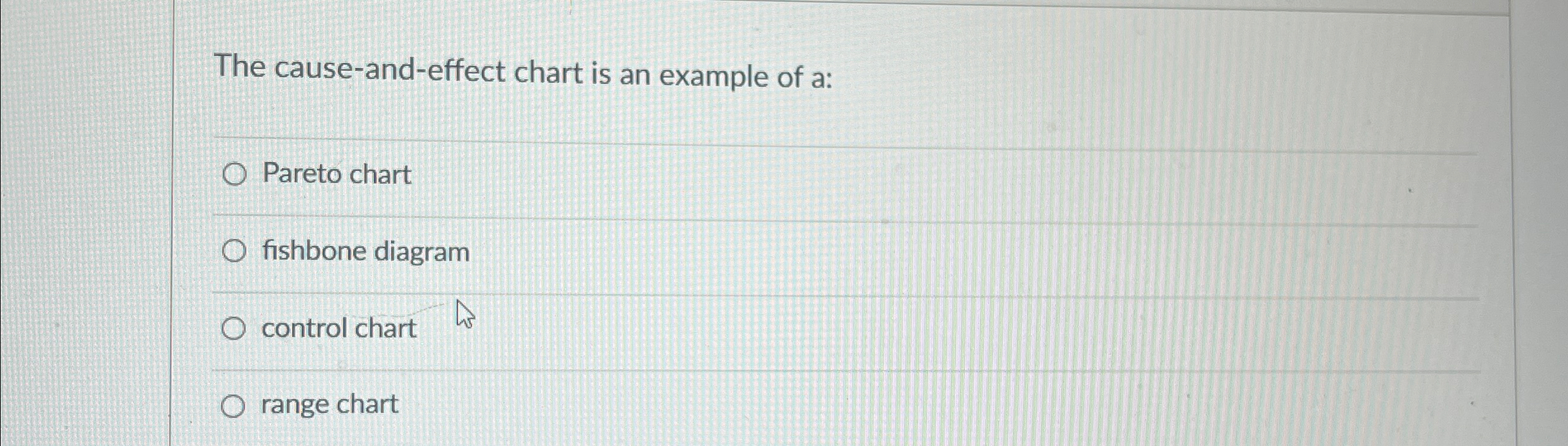 Solved The cause-and-effect chart is an example of a:Pareto | Chegg.com