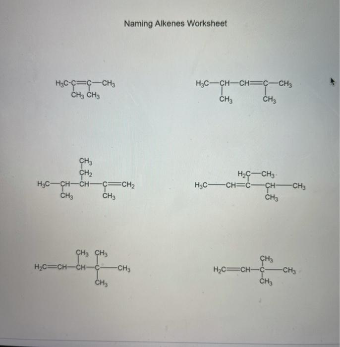 Solved Naming Alkenes Worksheet H3C-c=c-CH3 CH3 CH3 | Chegg.com