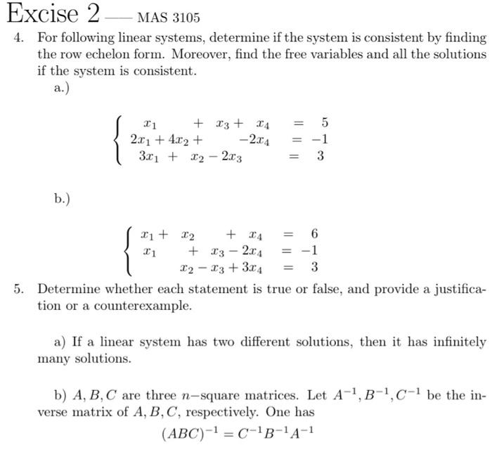 Solved 4. For following linear systems, determine if the | Chegg.com