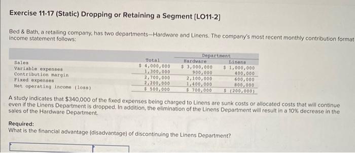 Solved Exercise 11-17 (Static) Dropping or Retaining a | Chegg.com